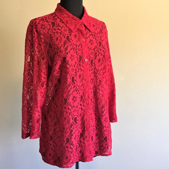 Elementz | Tops | Elementz Red Lace Button Front Blouse | Poshmark